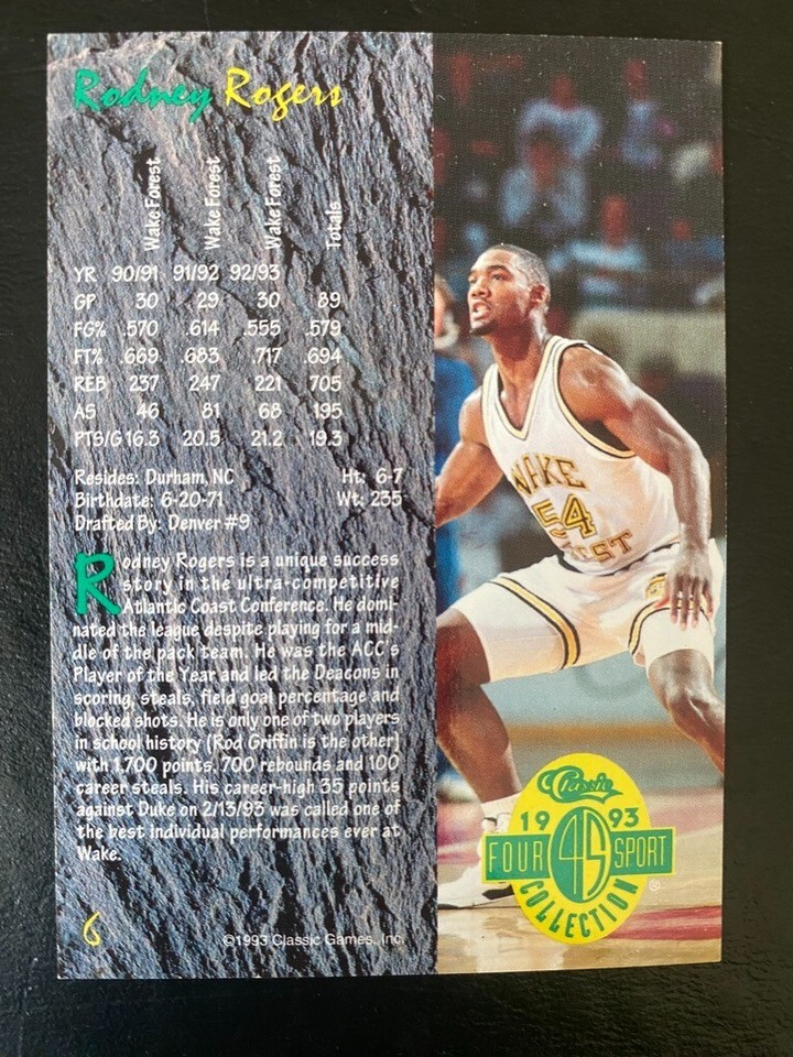 Rodney Rogers 1993 Rookie Card Classic Four Sport Collection #6 Wake ...