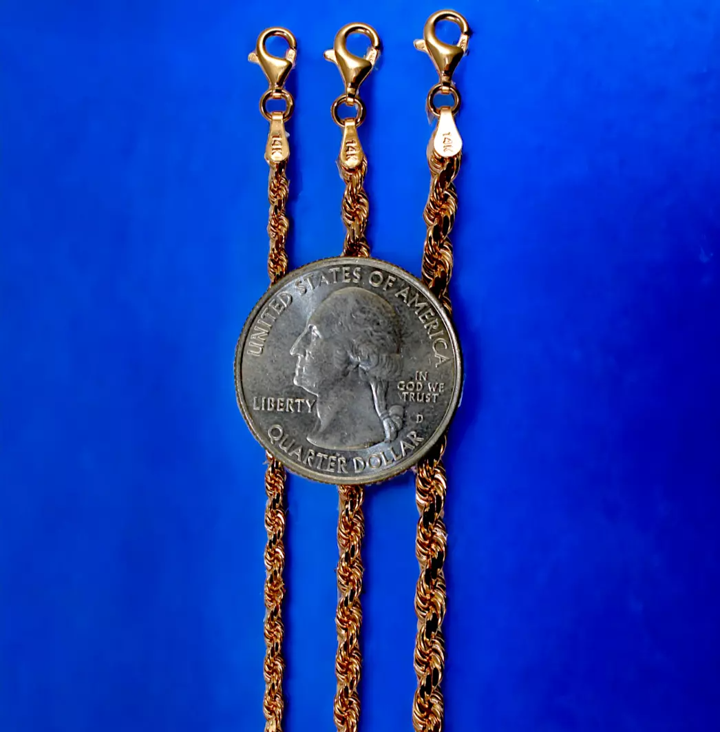 14K Rose Gold Rope Chain Necklace Bracelet Diamond Cut Real Gold 2mm ...