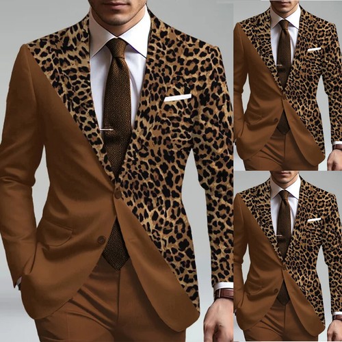 Men's Suits Leopard Print Splicing Style Peak Lapel 2 Piece Set Trendy ...