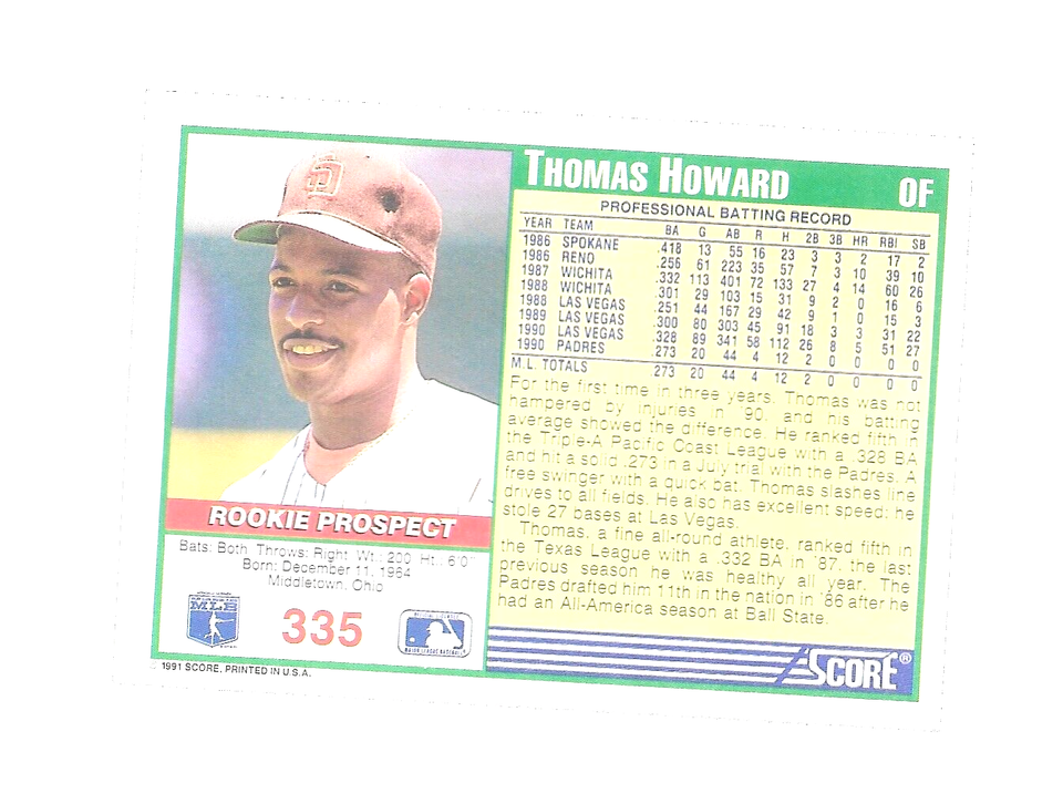 1991 Score Thomas Howard 335 Rookie Prospect San Diego Padres Baseball ...