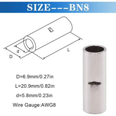 8awg Non-Insulated BN8 Copper Wire Butt Splice Connector Ferrule Crimp ...