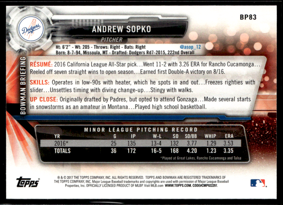 2017 Bowman #BP83 Andrew Sopko Dodgers Prospect | eBay