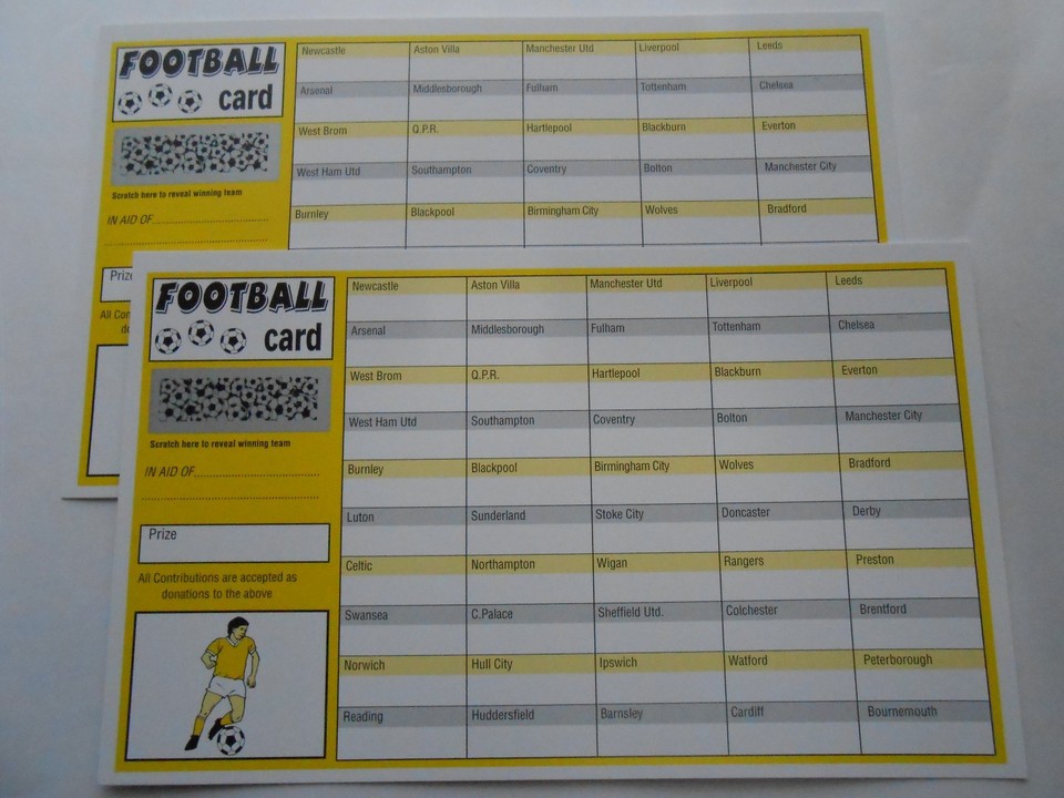 FOOTBALL SCRATCH CARDS X 25 WITH 50 SPACES + 1 CARD - RAISE £650 YELLOW ...