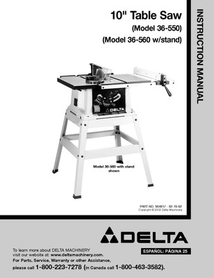 Delta 36-550 36-560 10" Table Saw Instruction Manual | eBay