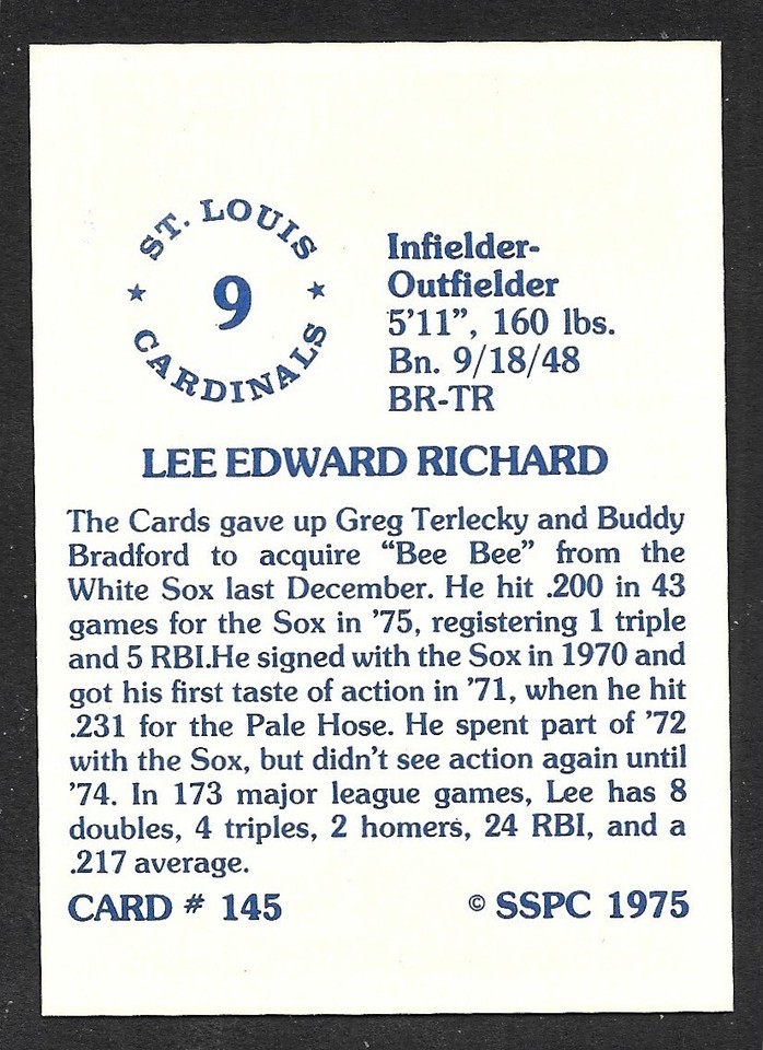 1975-1976 SSPC #145 Lee Richard WHITE SOX / ST LOUIS CARDINALS EX-MINT+ ...