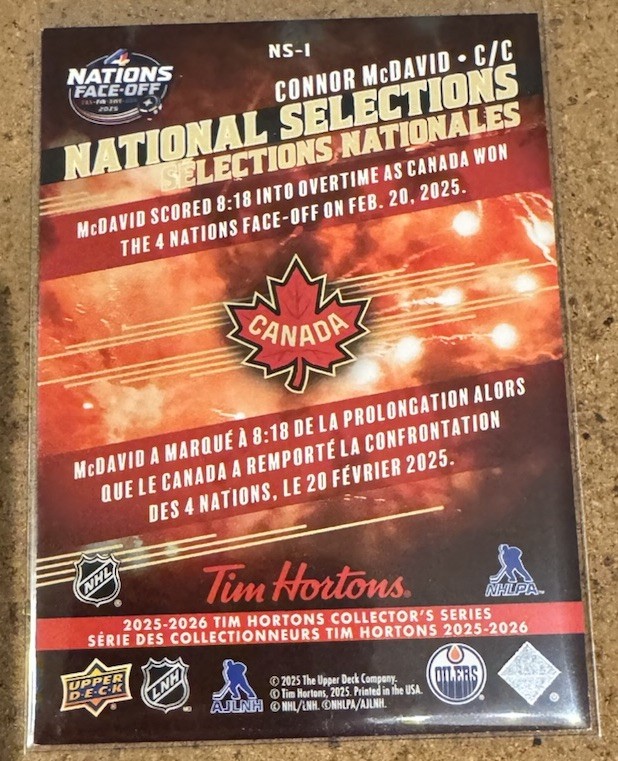 2025-26 UD Tim Hortons National Selections Connor McDavid NS-1 / Team ...