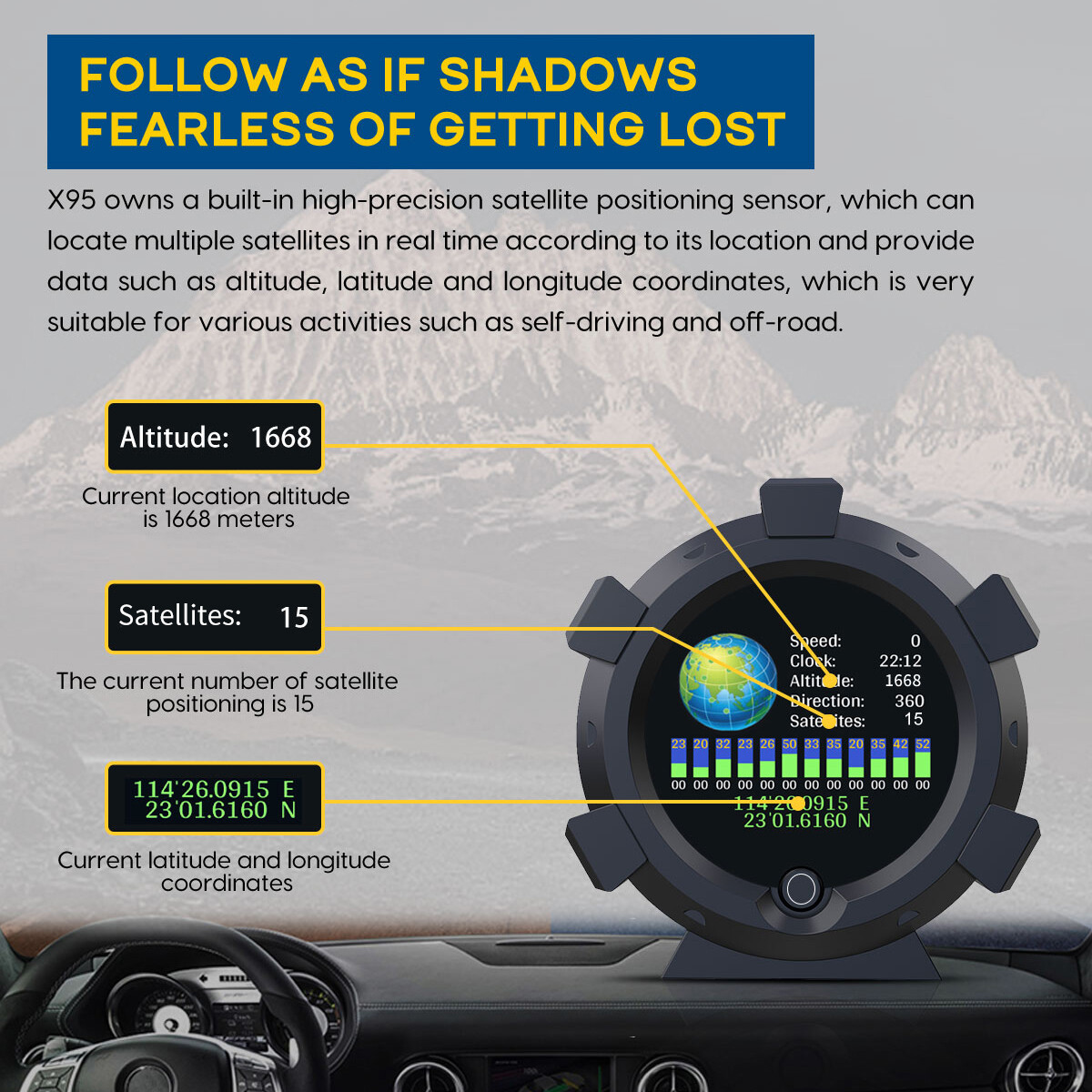 Universal X95 Car Speedometer GPS Pitch Slope Meter Inclinometer HUD ...