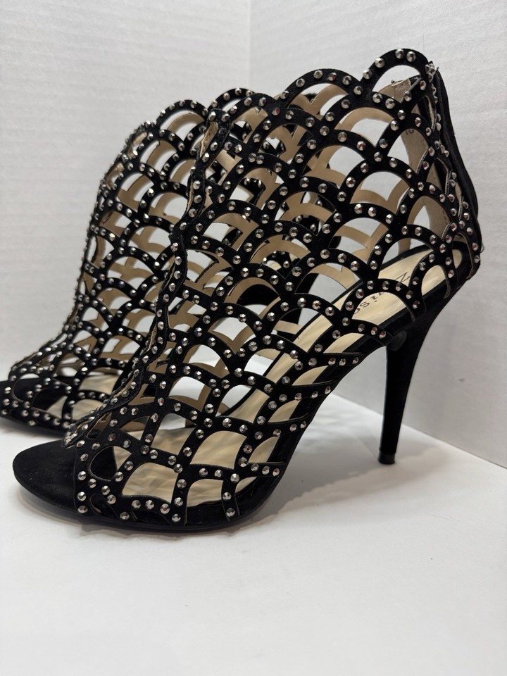 Zigi Soho Womens Suede Rhinestone Cutout Caged Peep Toe Heels Black ...
