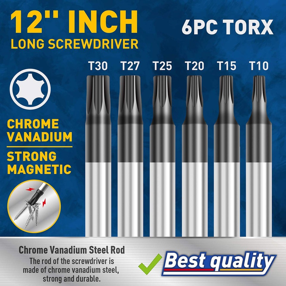 6-Piece 12in Extra Long Torx Screwdrivers Set T10-T30 Star Screwdriver ...