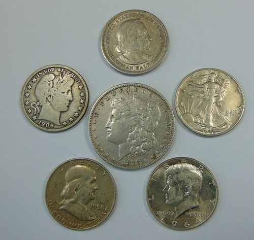 NICE ASSORTMENT OF SIX (6) VINTAGE SILVER COINS = SILVER DOLLAR + 5 ...