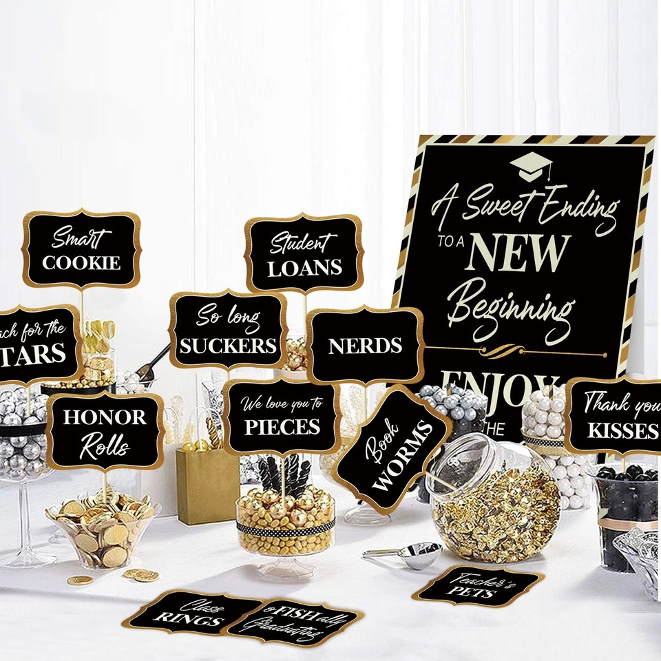Graduation Candy Buffet Labels Black Gold Grad Party Buffet Table Sign ...
