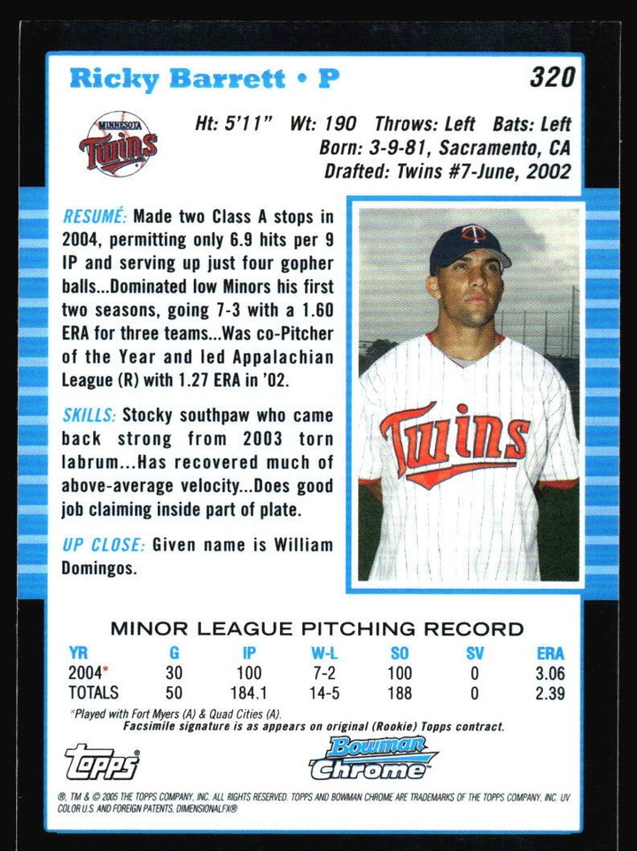 2005 Bowman Chrome Ricky Barrett Rookie #320 Minnesota Twins | eBay