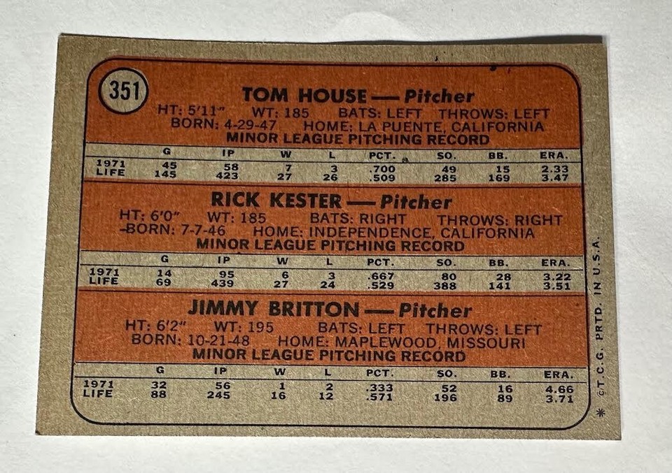 1972 Topps # 351 Atlanta Braves Rookie Stars Britton, Tom House, Rick ...
