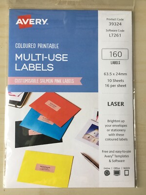 Labels - Avery Multi-use Coloured Printable X 160. Salmon Pink. Glen ...