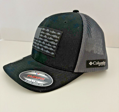 Columbia PFG Mesh Back FlexFit Fish American Flag Patch Baseball Cap ...
