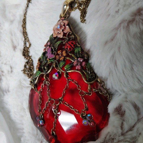 Vintage Large Lucite Gem Pendant Necklace W/ Enamel Floral Victorian ...