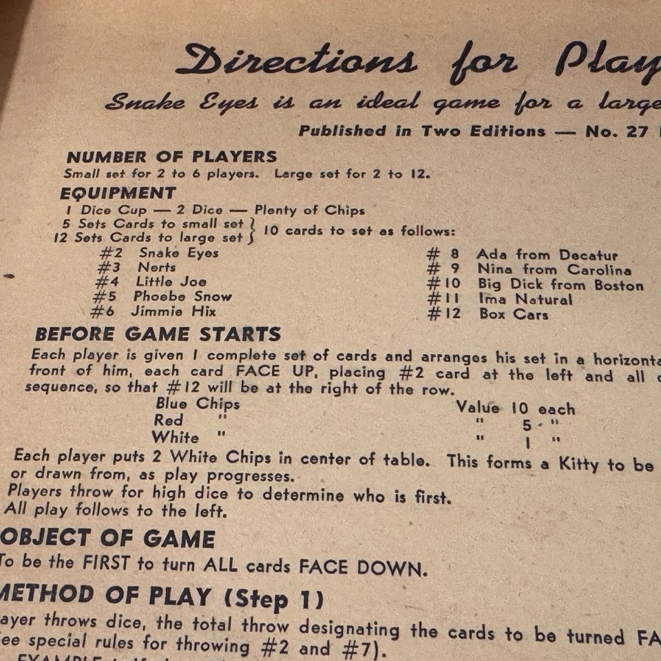 Vintage SNAKE EYES Game Circa 1930s By Selchow & Righter No. 27 ...