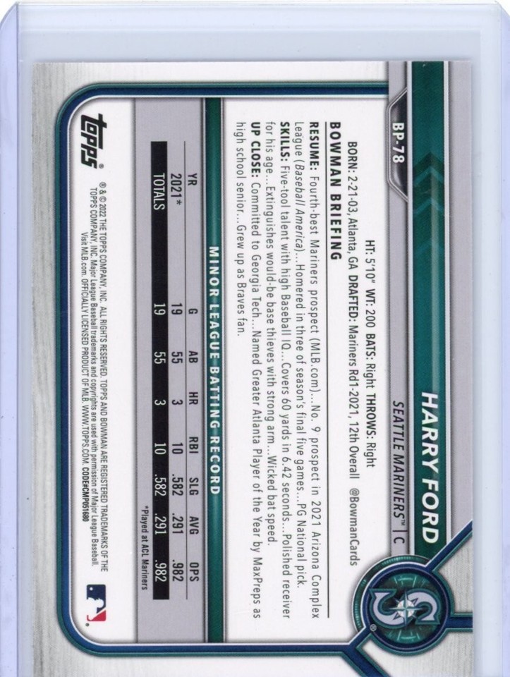 2022 Bowman Harry Ford Prospect - Seattle Mariners BP-78 | eBay