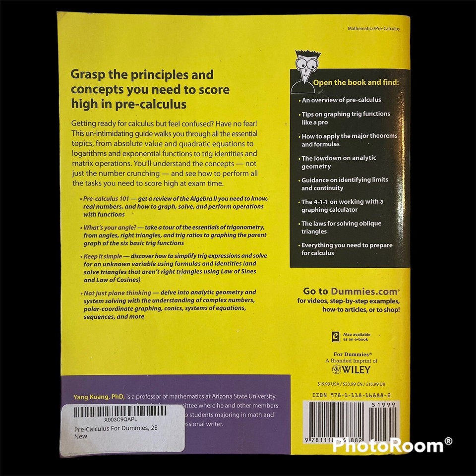 EUC Pre-Calculus For Dummies ISBN 9781118168882 College Math Textbook ...