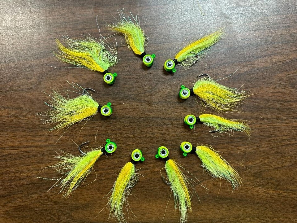 10 Big Eye Bucktail Jig Head chartreuse and yellow with flash. Walleye ...