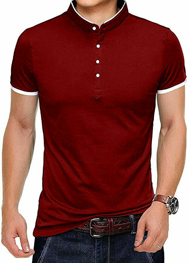 Mens Grandad Shirts Polo Shirt Long Sleeve Mandarin Collar Slim Fit