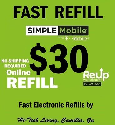 $30 SIMPLE MOBILE PREPAID FASTEST REFILL RE-UP DIRECT TRUSTED DEALER ...