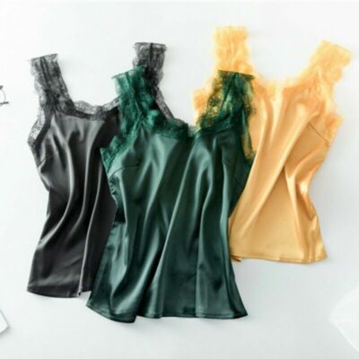 Ladies Satin Vest Lace Trim Camisole Tank Top Chemise Sleeveless Silky ...