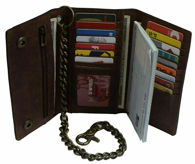 RFID Blocking Leather Biker Trifold Chain Wallet Long Checkbook Black ...