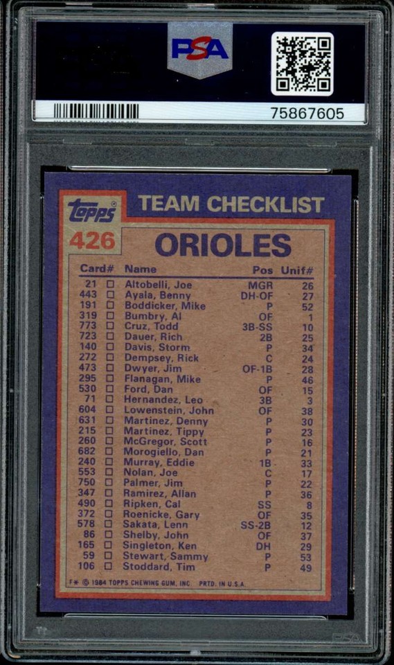 1984 Topps #426 Cal Ripken Jr./Mike Boddicker Orioles Team HOF PSA 9 ...