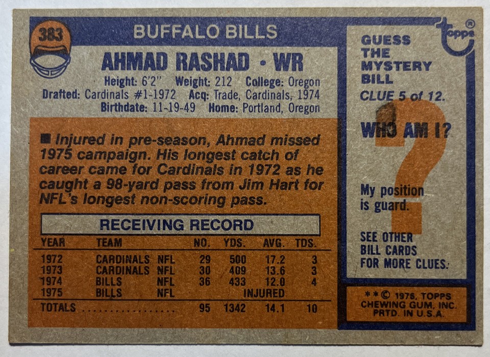 1976 Topps Ahmad Rashad #383 Buffalo Bills | eBay