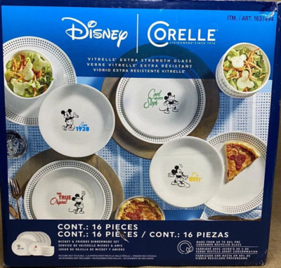 Disney Corelle Vitrelle Extra Strength Glass 16 pc Dinner Set Mickey ...