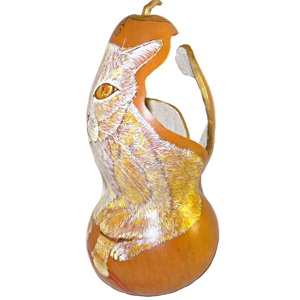 Buddy the Cat Folk Art Carved Gourd Hand Painted Artist Signed Margie ...