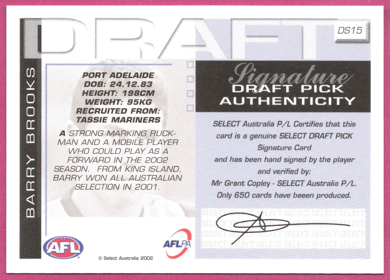 2002 AFL EXCLUSIVE [DRAFT PICK SIGNATURE CARD] DS15 Barry BROOKS (PORT ...