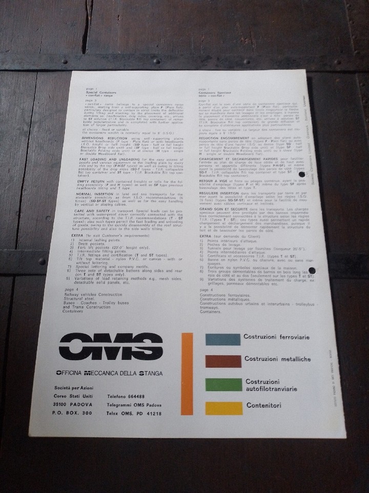 OMS CONTAINER TRASPORTI CON FLAT Brochure originale dell'epoca Lingua ...