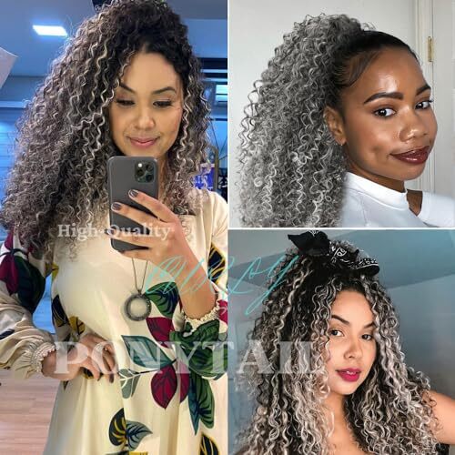 Kinky Curly Ombre Gray Drawstring Ponytail Extension for 26 Inch Ombre ...