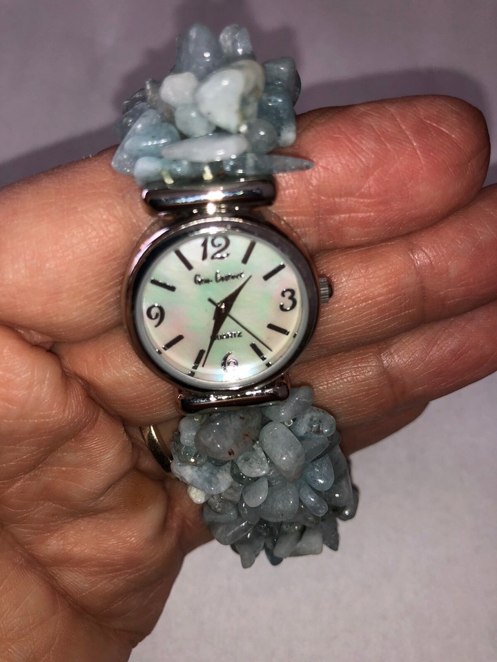 Gem Essence Blue Quartz Watch Stretch Bracelet Band Mother of Pearl ...