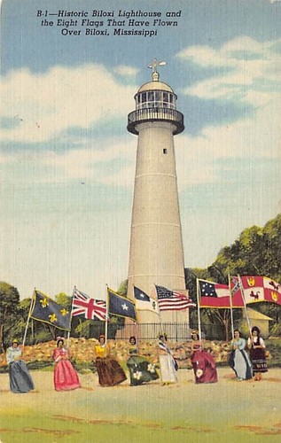 Postcard MS: Historic Biloxi Lighthouse, Mississippi, 8 Flags, Vintage ...
