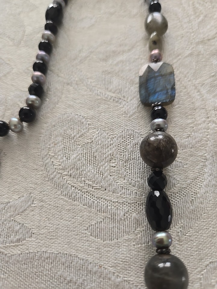 Labradorite, Pearl, Onyz Gemstones Necklace 14"L,2"extender 925SS, Very ...
