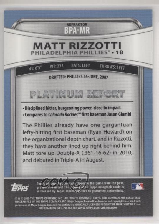 2010 Bowman Platinum Auto Refractor Matt Rizzotti #BPA-MR Auto | eBay