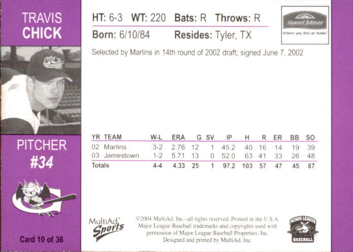 2004 Greensboro Bats Multi-Ad #10 Travis Chick Tyler Texas TX Baseball ...