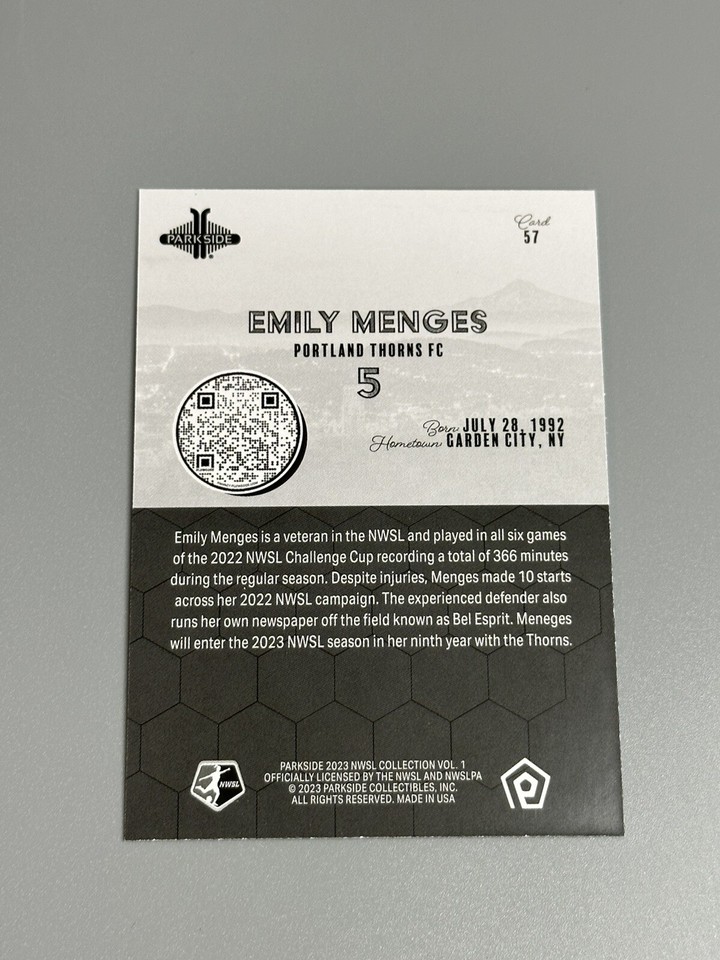 Emily Menges 2023 Parkside NWSL Vol 1 Black & White #57 Portland Thorns ...