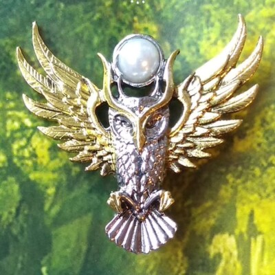 Owl of Athena Amulet Brooch For Magickal Wisdom Gold Silver Tone Briar ...