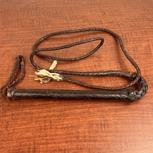 Vintage Leather Cowboy Braided Bull Whip Wooden Handle Western Riding ...