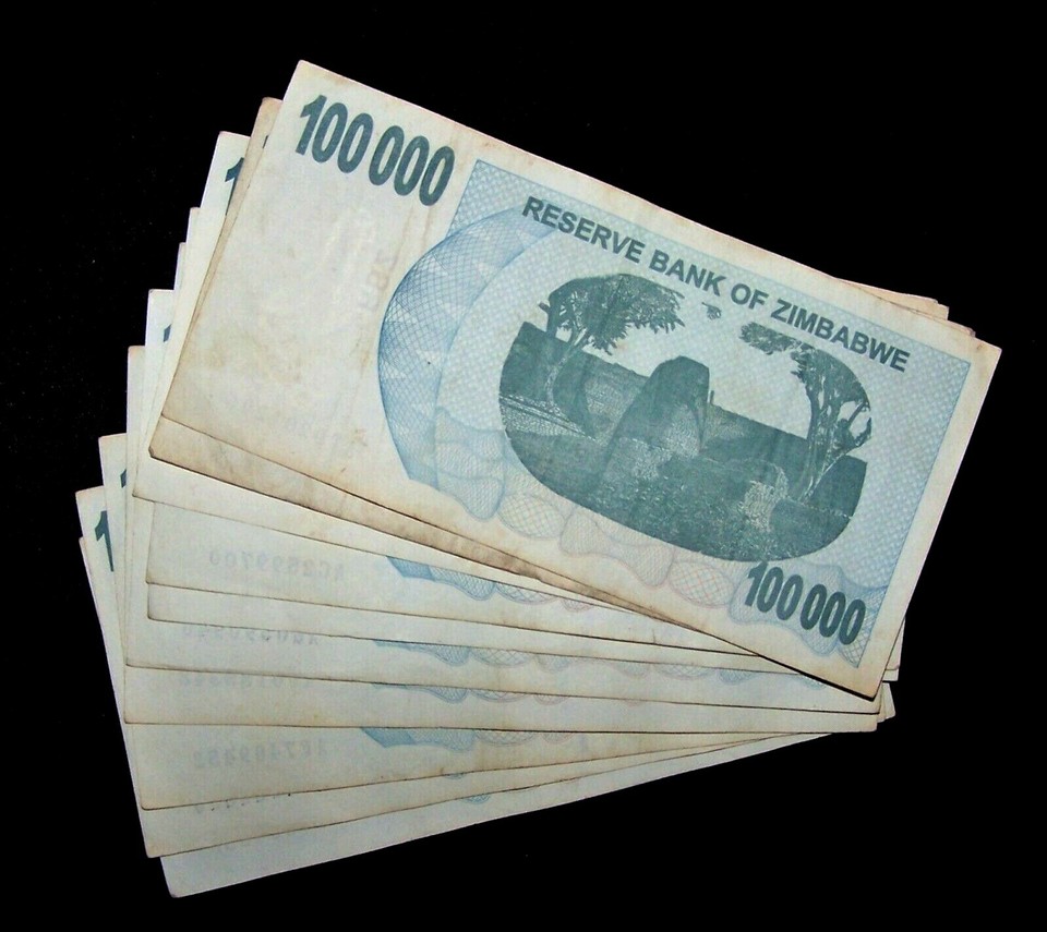 10 pcs x Zimbabwe 100000 (100,000) dollar bearer cheque banknotes / P ...