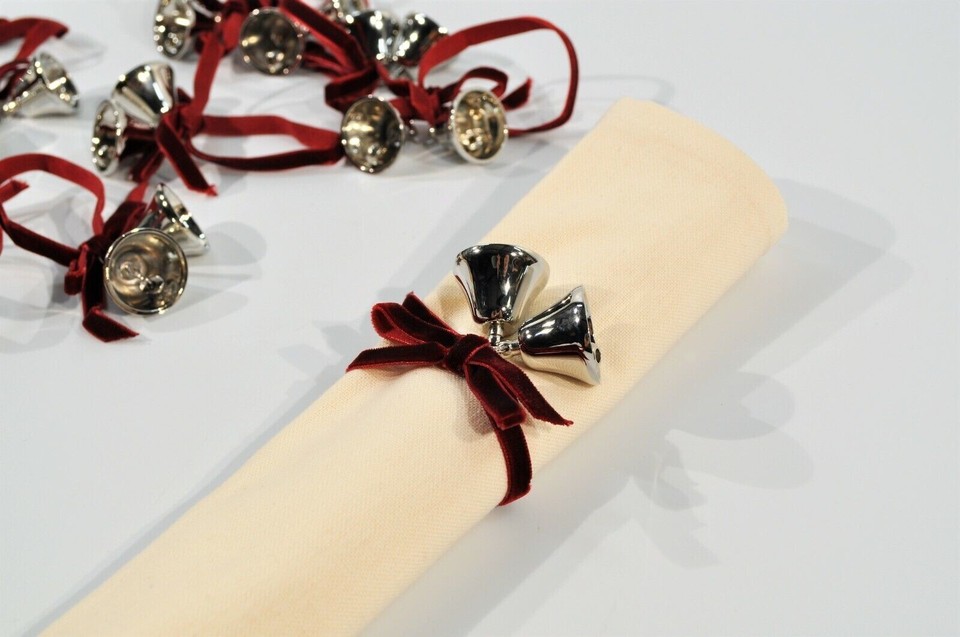 10 P.C. Pottery Barn Silver Bells & Red Velvet Napkin Rings | eBay