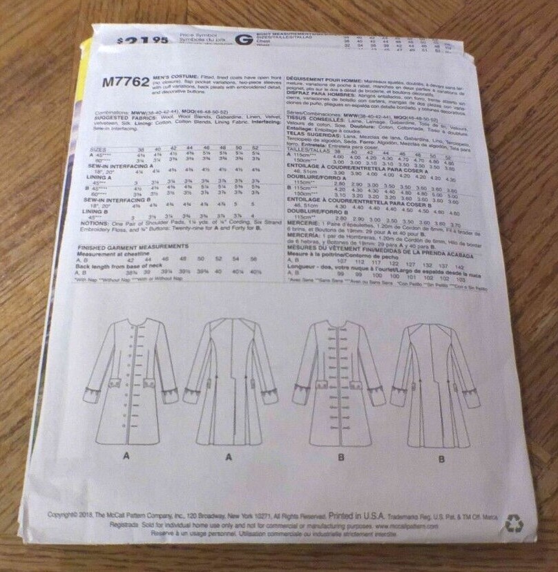 McCalls COSTUMES Pattern M7762 Mens OUTLANDER Fitted Lined Coats w ...