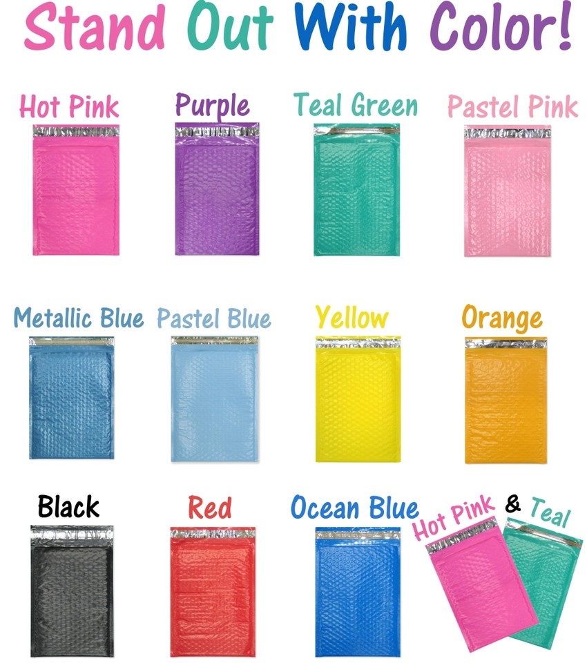6x10" Colored Poly Bubble Mailers, Pink,Teal,Purple Shipping Mailing ...