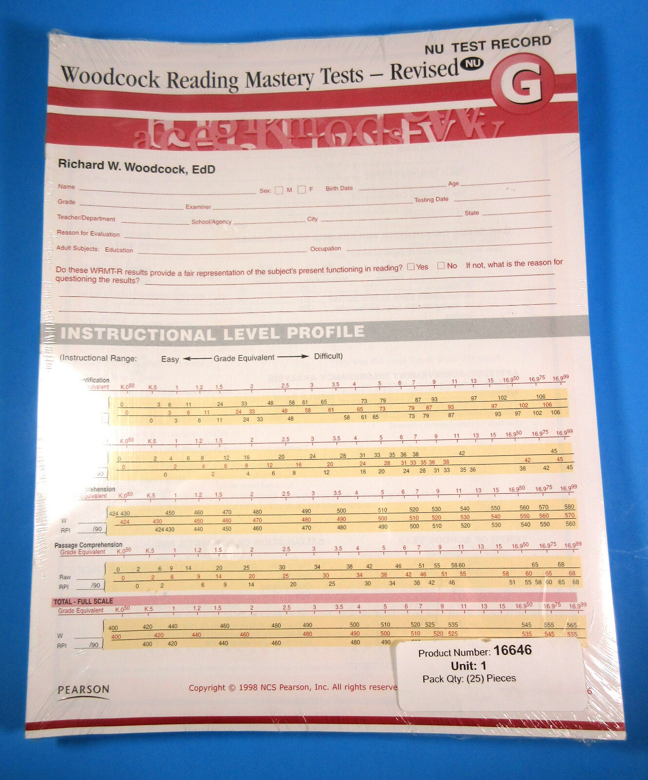 Woodcock Reading Mastery Tests Revised NU Test Record Form G Pack of 25 ...