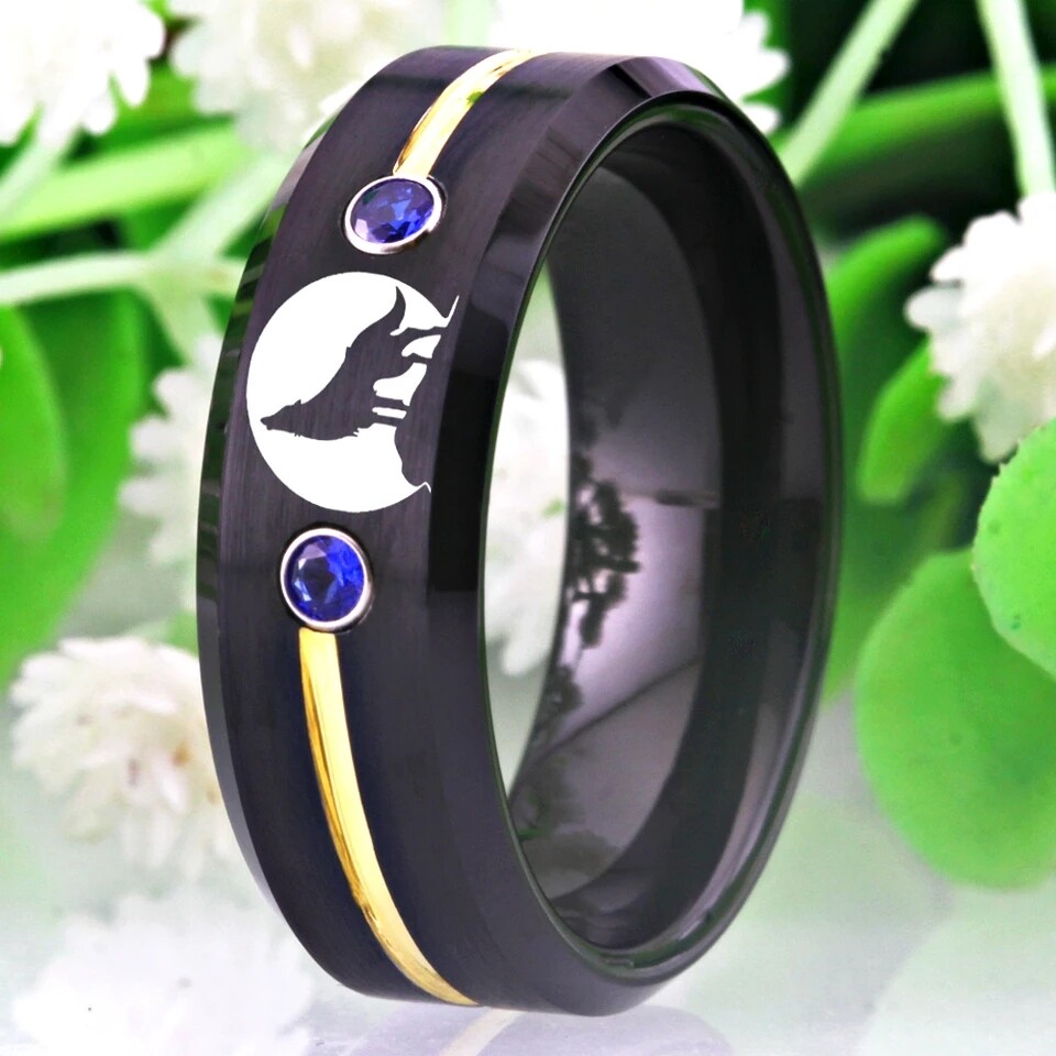 8MM Wolf Howling Moon Engraved Round Zircon Odin Symbol Tungsten ...