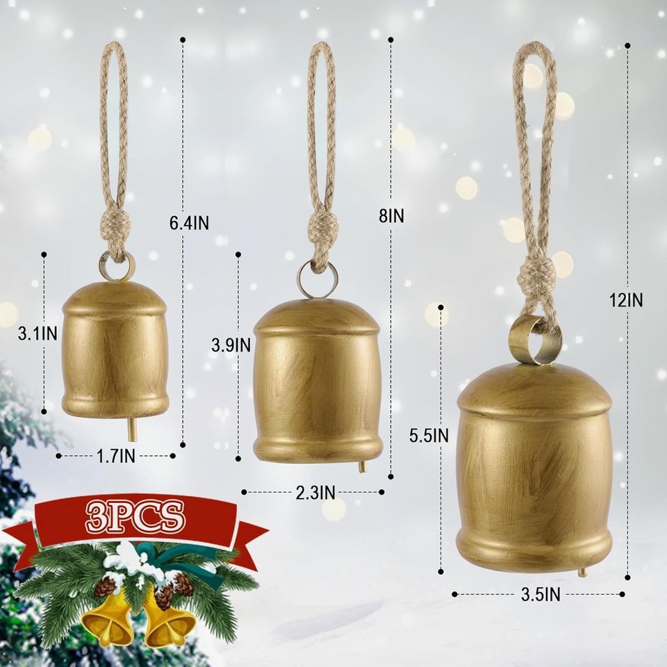3 Pcs Harmony Cow Bells Vintage Christmas Gold Bells, Decorative Large ...